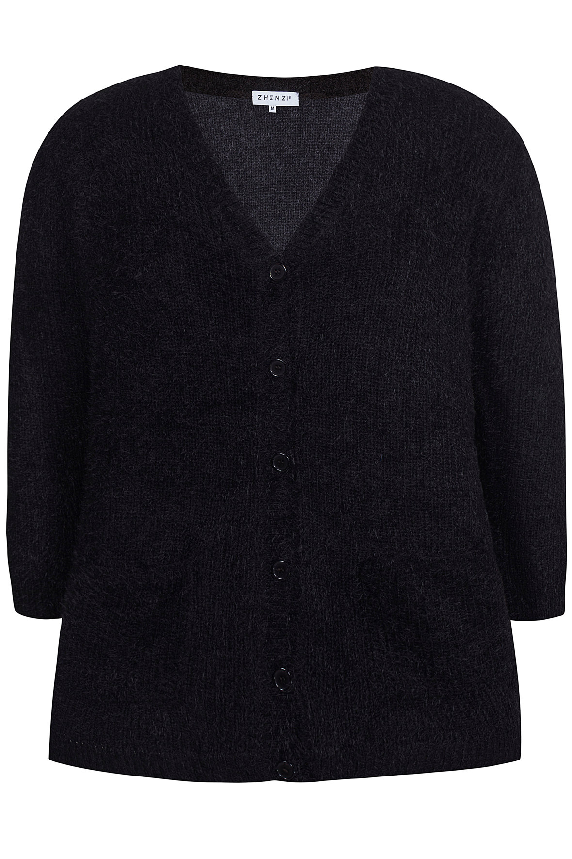 Zhenzi Drot strikket cardigan vamset og med lommer - Sort - Hos Lohse