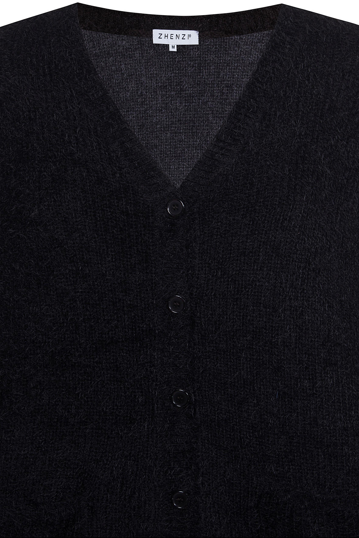 Zhenzi Drot strikket cardigan vamset og med lommer - Sort - Hos Lohse